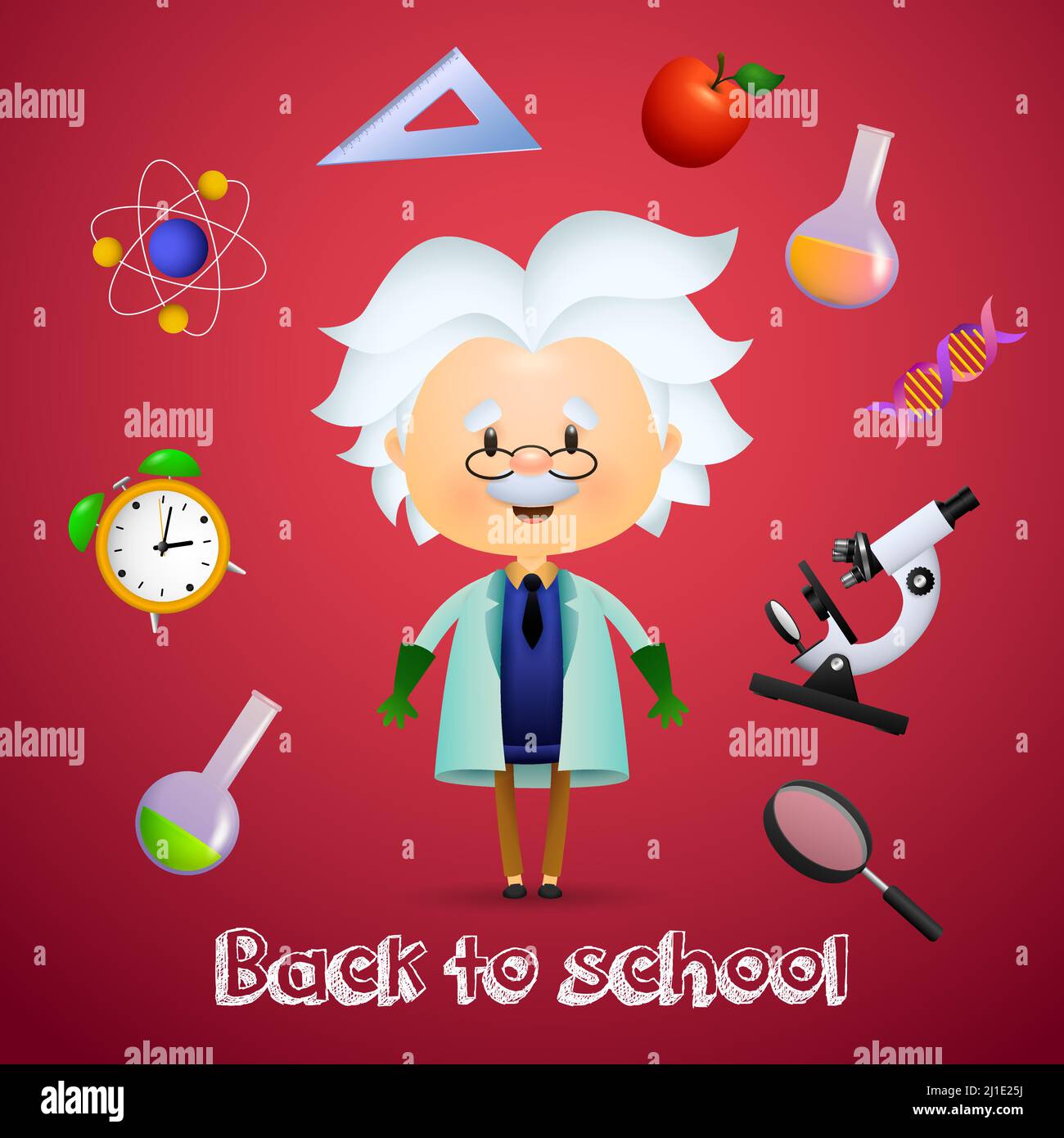 Back to school red poster design. Senior professor surrounded by test ...