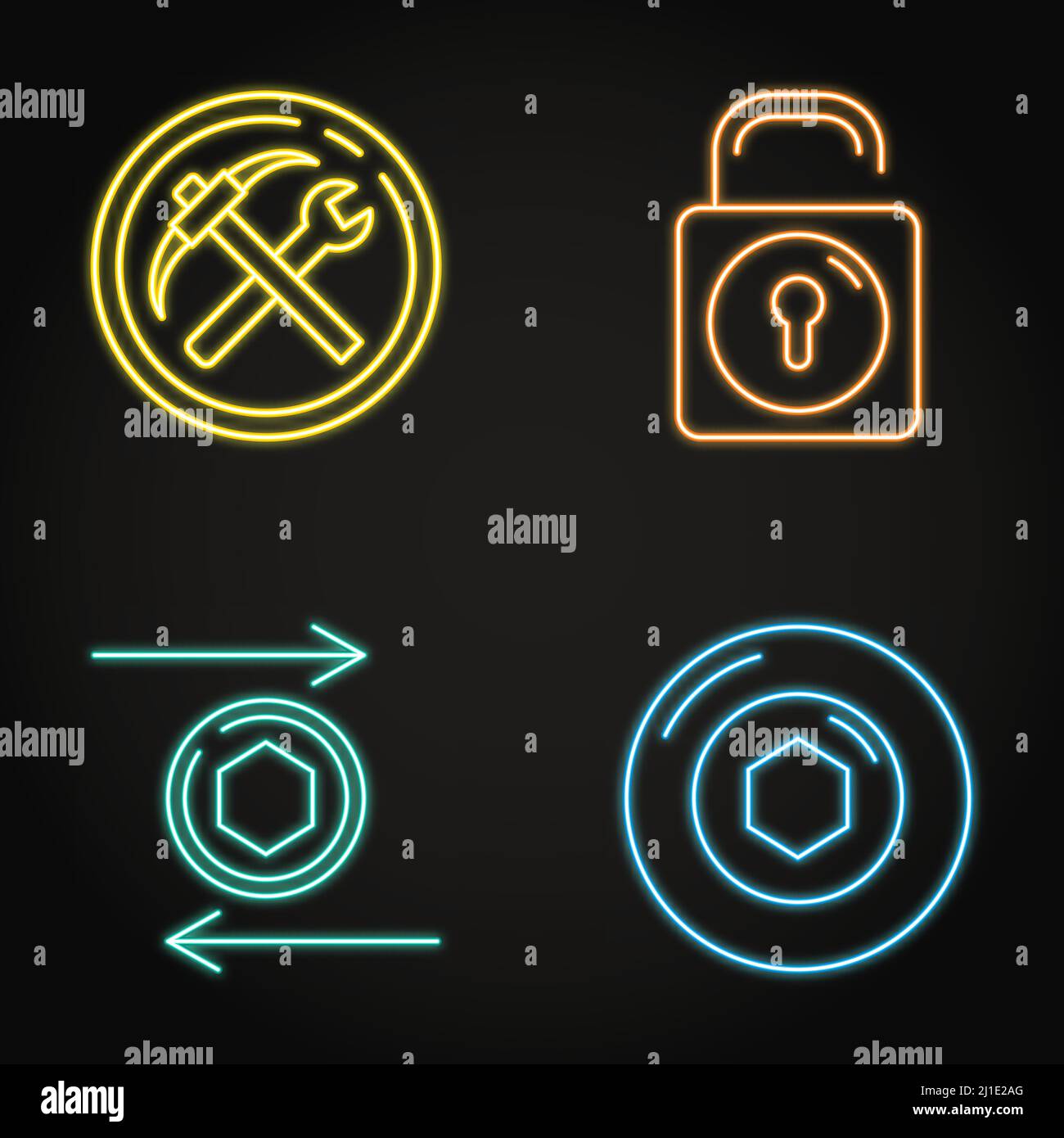 Neon NFT token icon set. Utility and security tokens, transaction ...