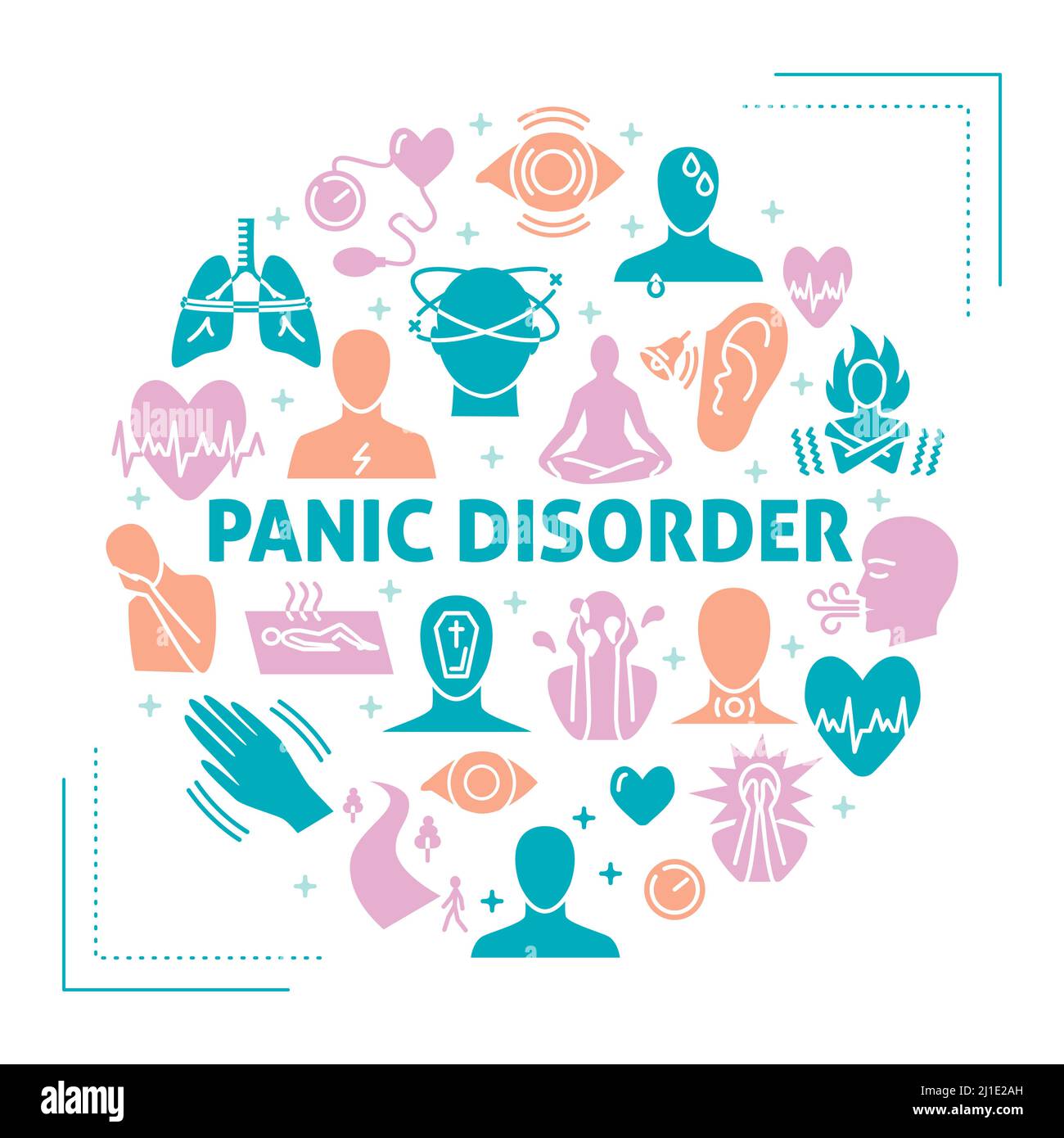 Panic disorder round banner in flat style. Panic attack symptom symbols ...