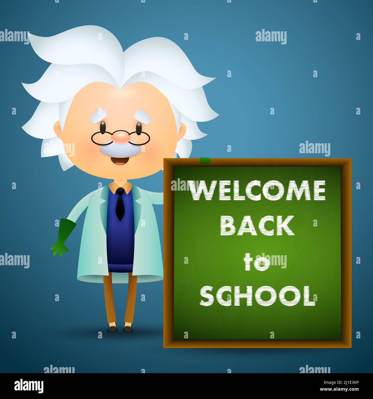 Welcome back to school poster design. Old professor holding chalkboard ...