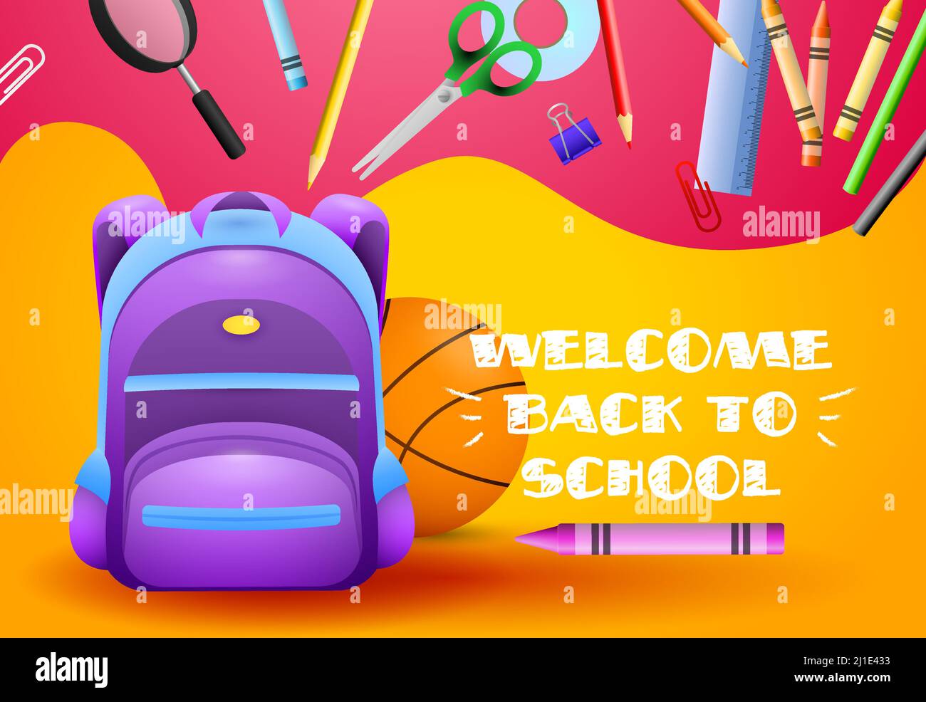 Welcome back to school posters design. Backpack, basketball ball, pen ...