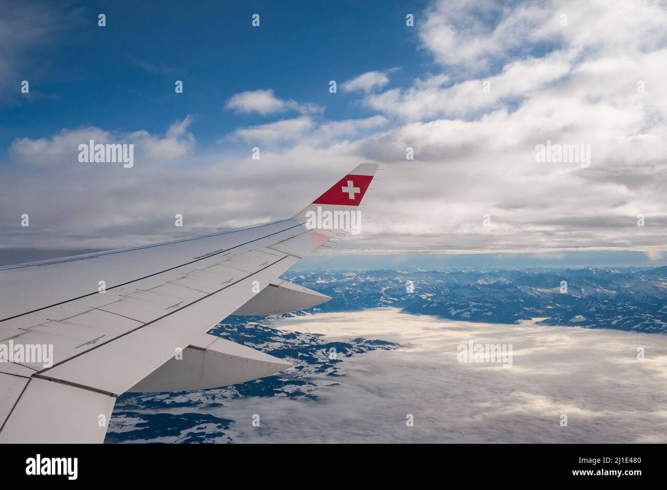 14.12.2021, Switzerland, , Zurich - Aerial view on flight with an ...