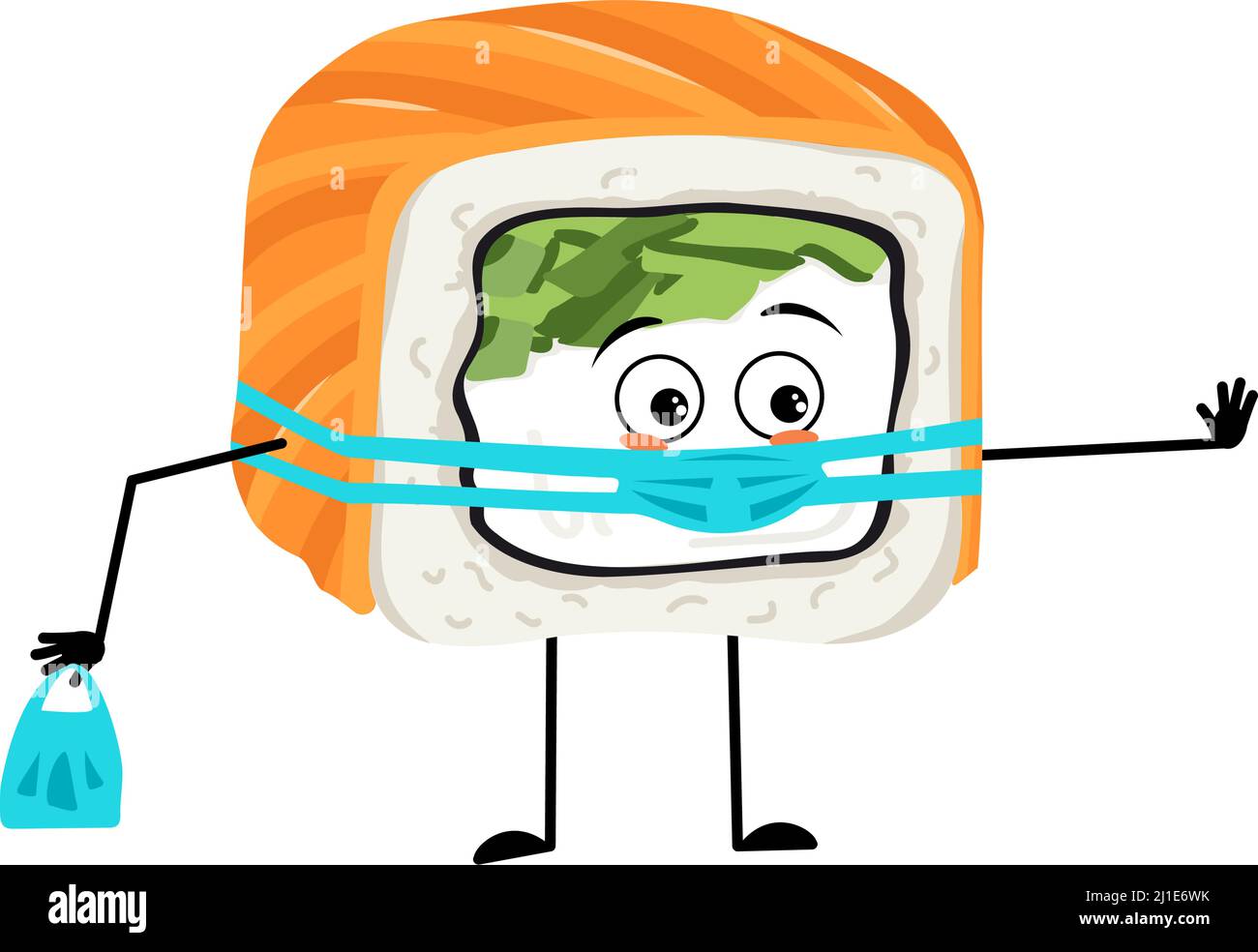 Sushi character with sad emotions, face and mask keep distance, hands ...
