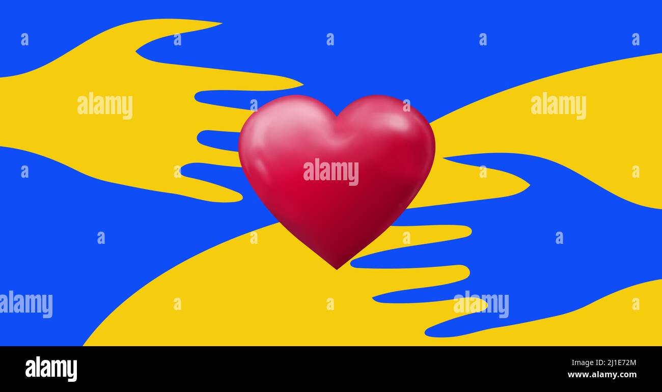 Digital composite of blue and yellow hands reaching for red heart shape ...