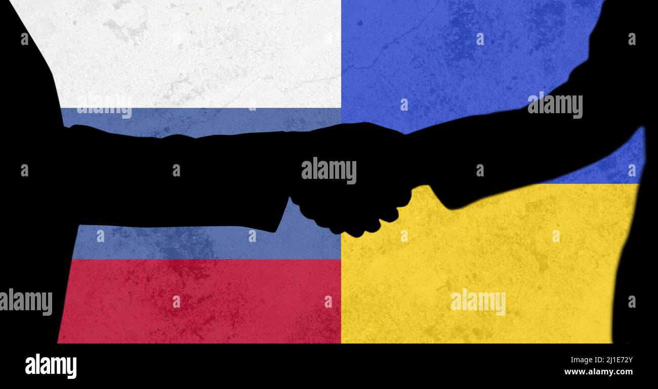 Digital composite of silhouette men doing handshake over russian and ...