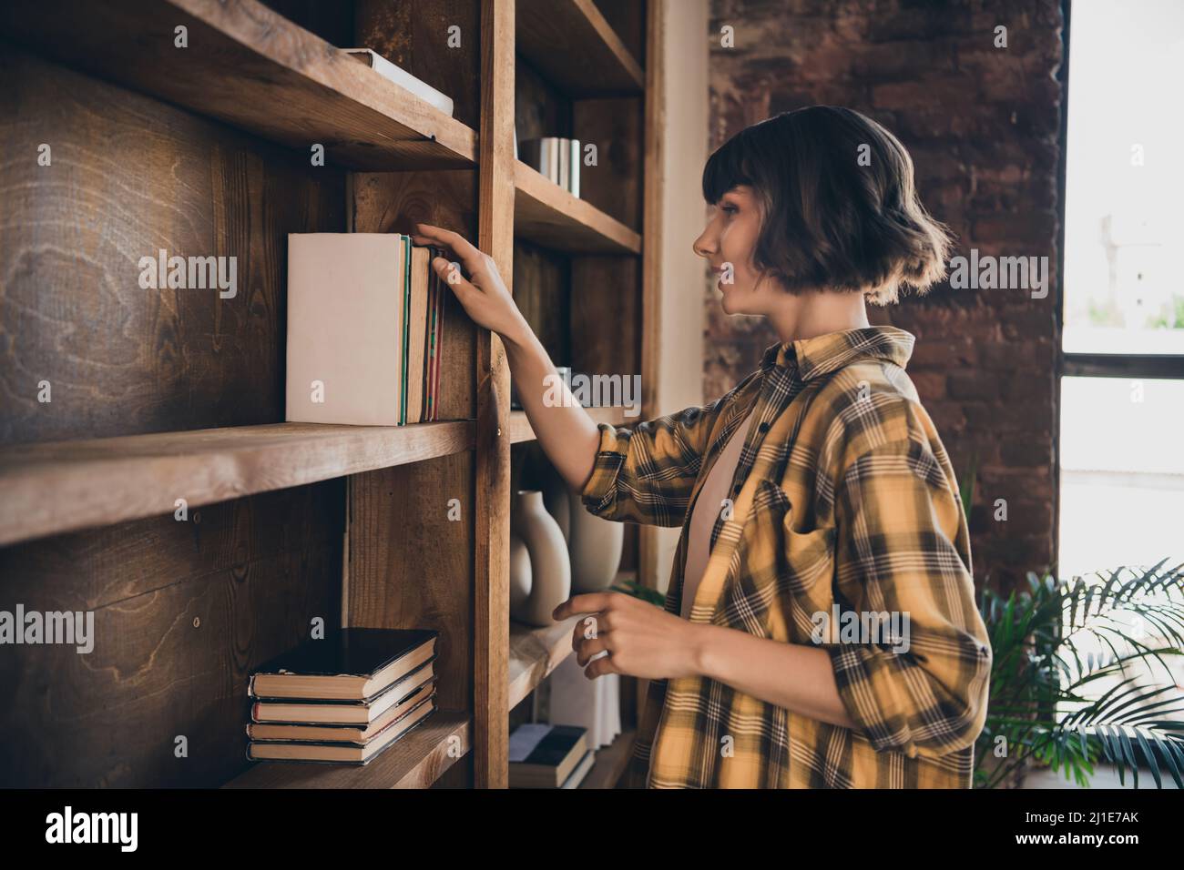 Profile side photo of charming positive lady pick favorite book to read ...