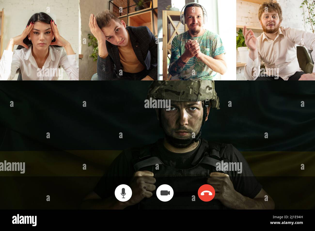 Collage with images of young women and men having online meeting with ...