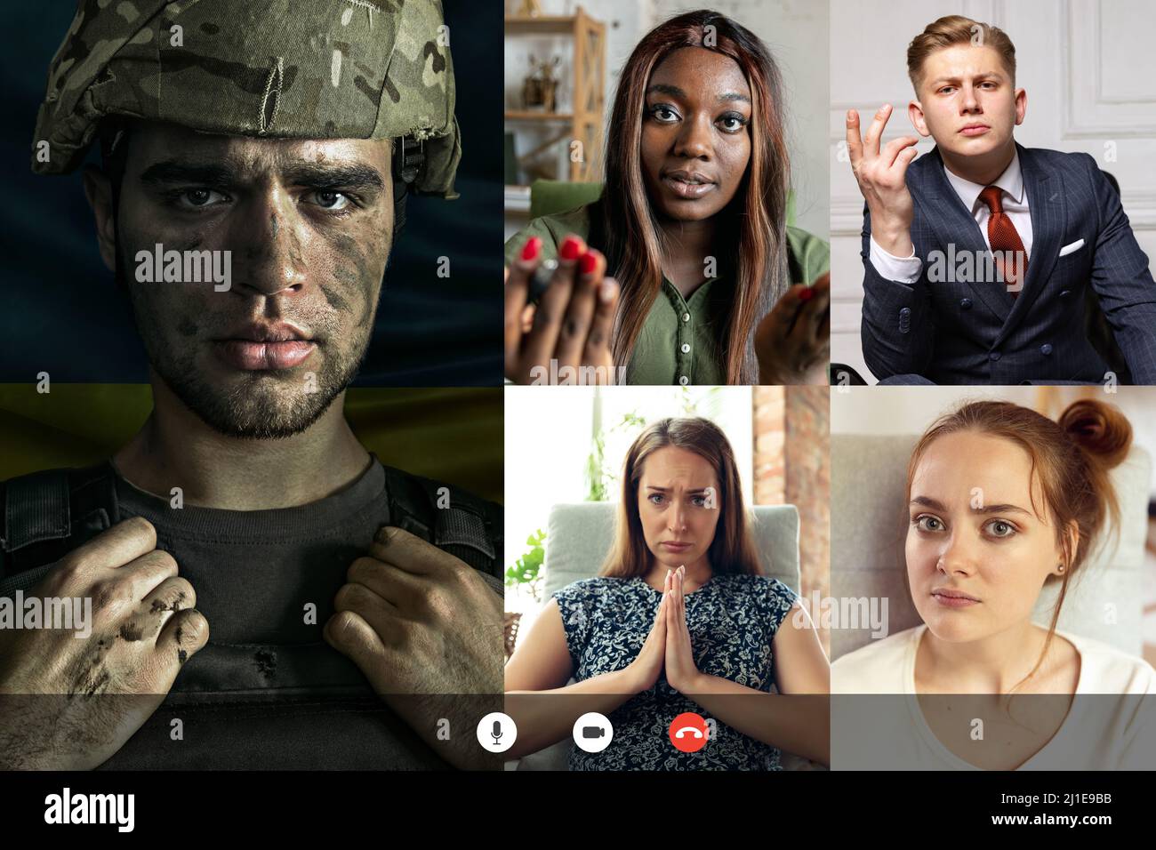 Collage with images of young women and men having online meeting with ...