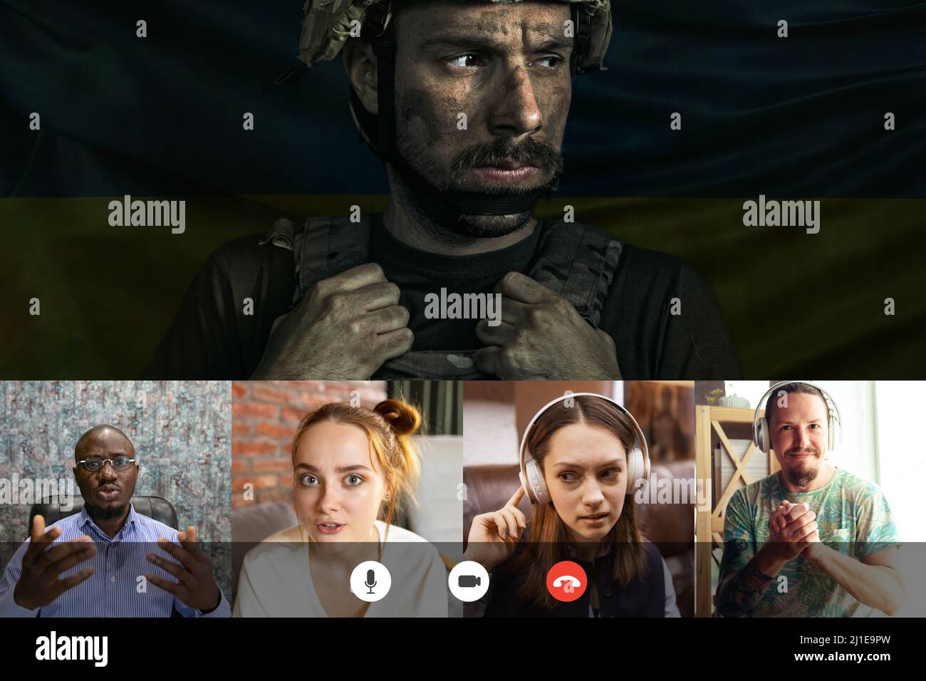 Collage with images of young women and men having online meeting with ...