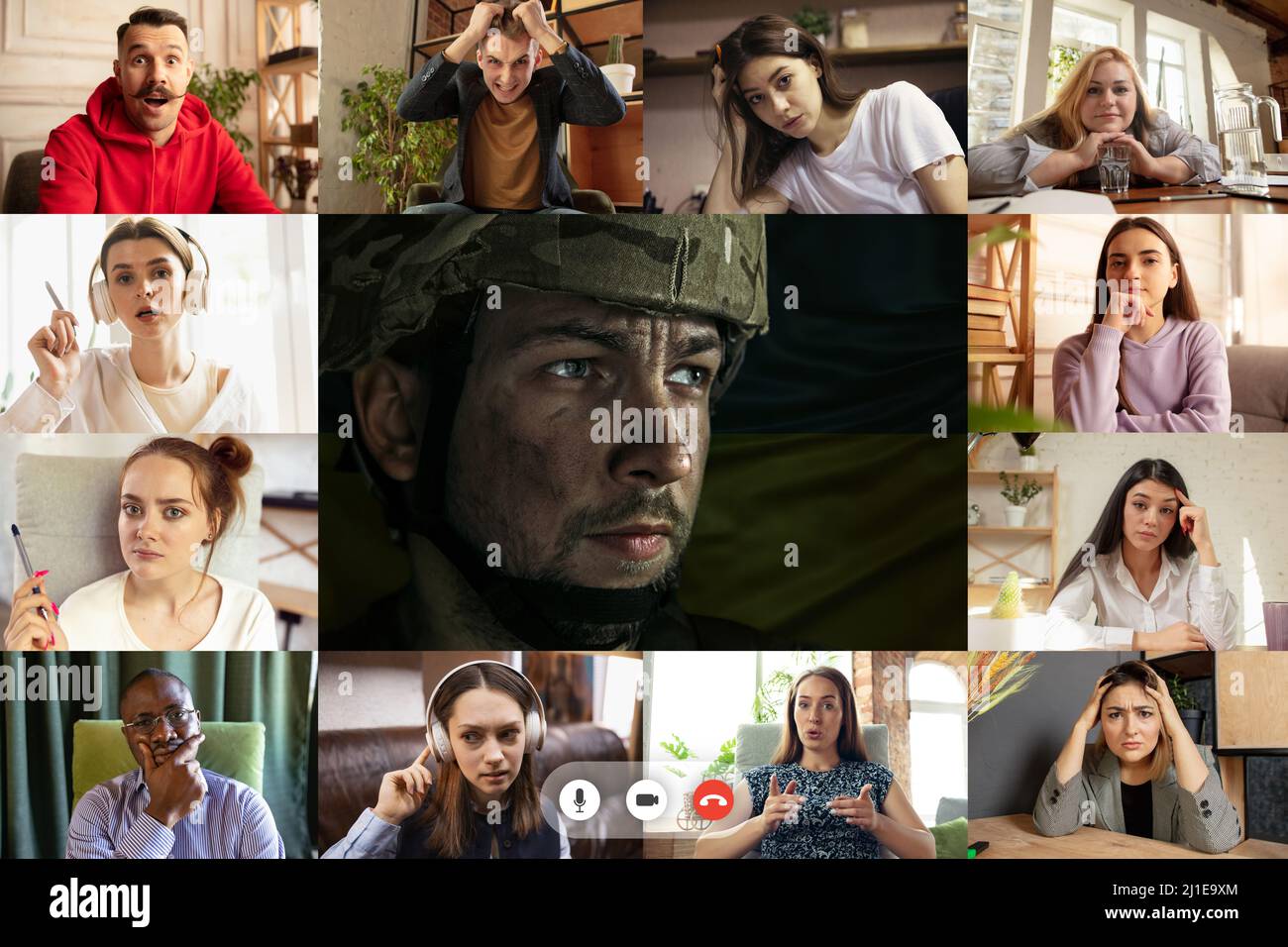 Collage with images of young women and men having online meeting with ...