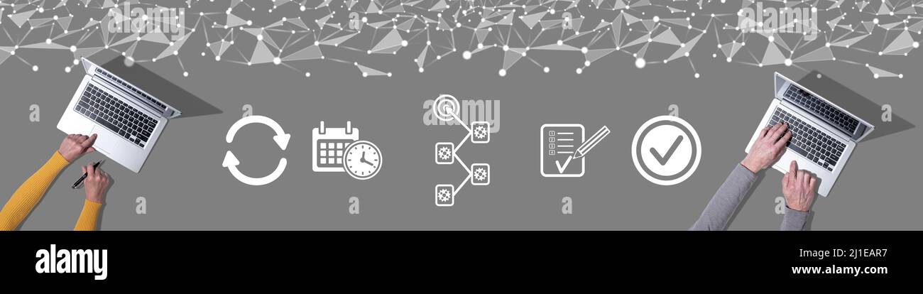 Top view of hands using laptop with symbol of workflow concept Stock ...