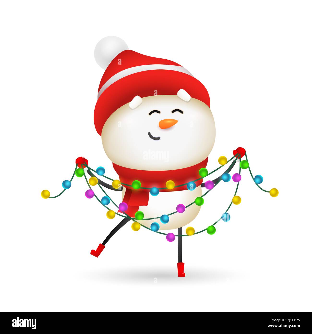 Happy snowman celebrating Christmas. Cute snow man holding fairy lights ...