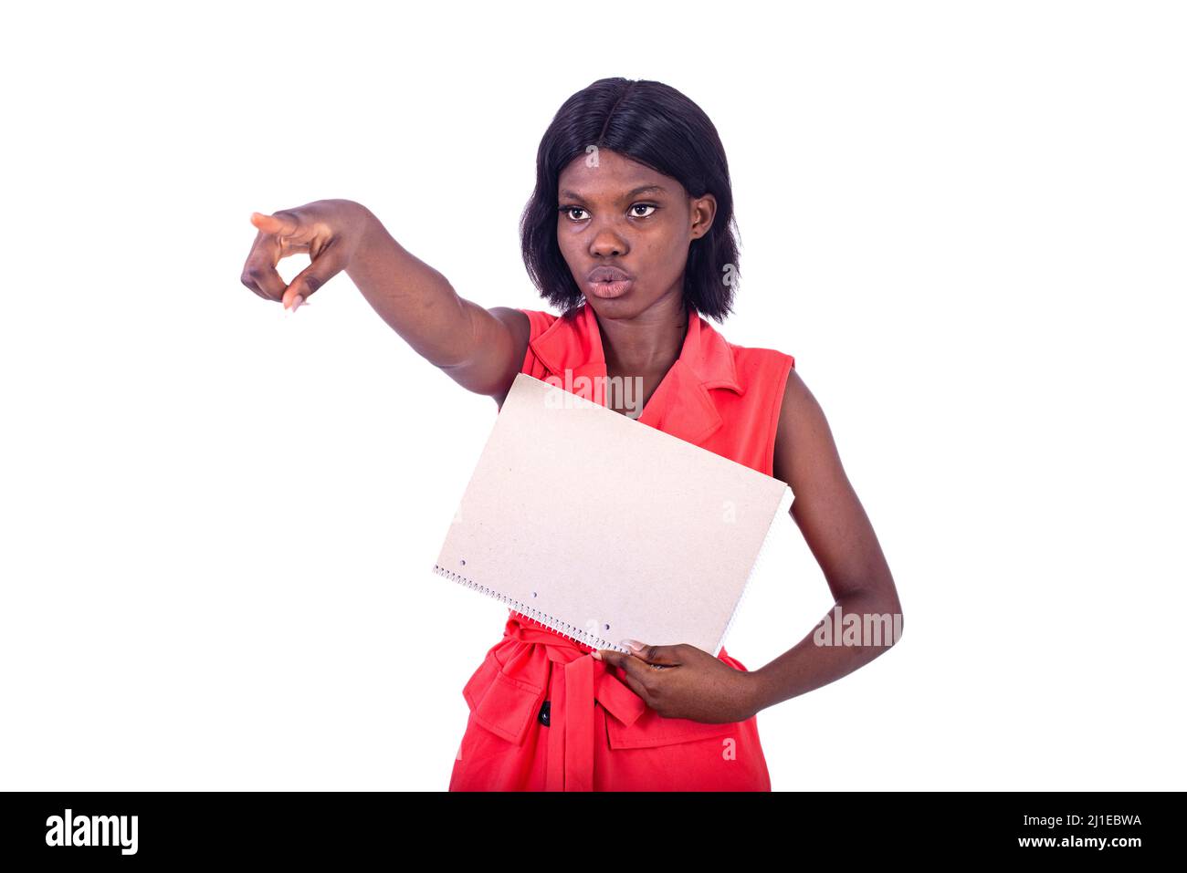 beautiful young woman holding a blank sheet of paper and pointing the ...