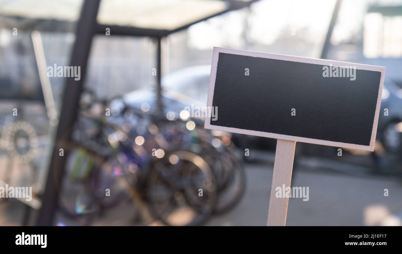 Empty mockup template Blackboard label against defocused background of ...