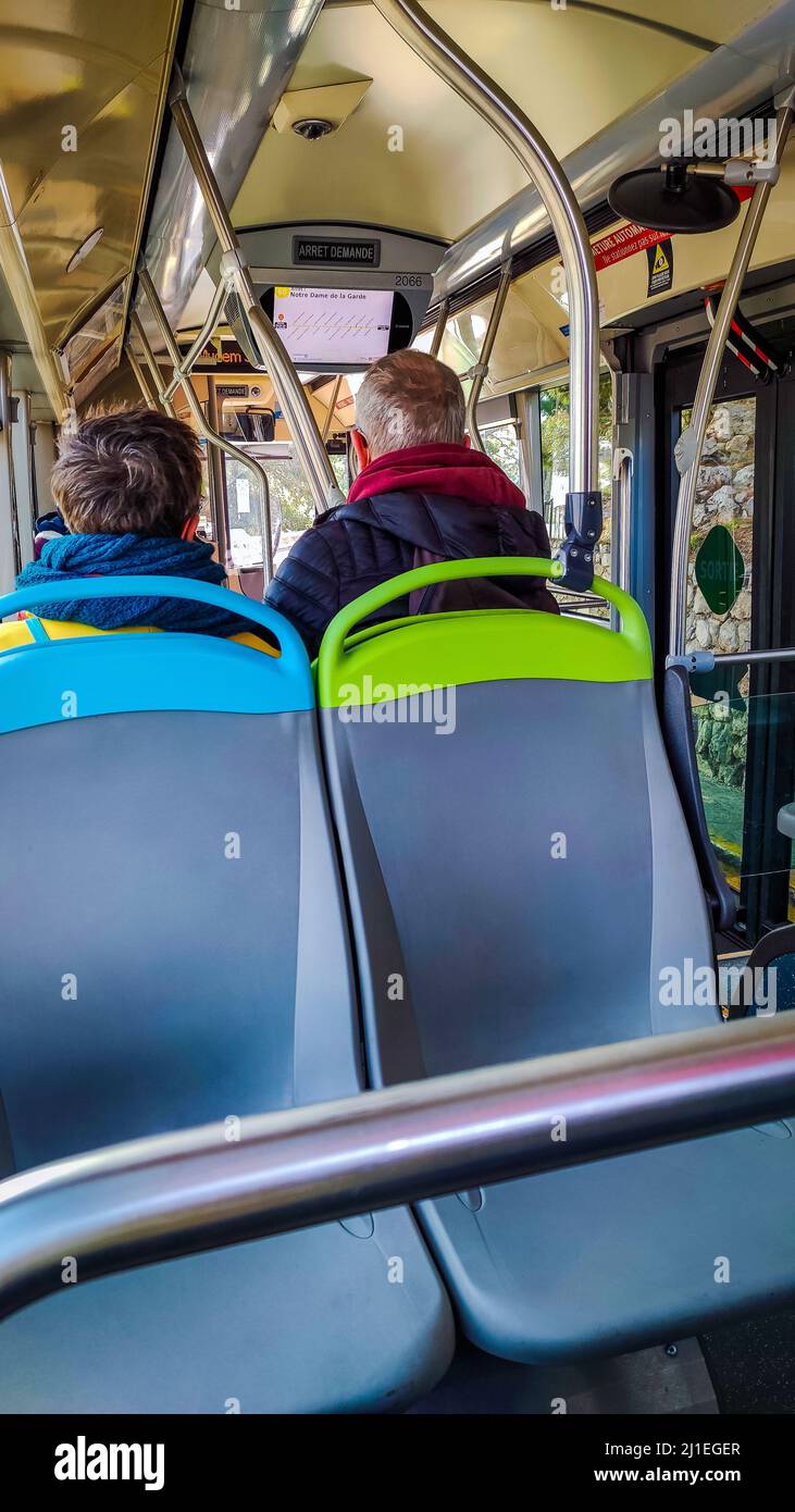 people back view in a city bus Stock Photo - Alamy