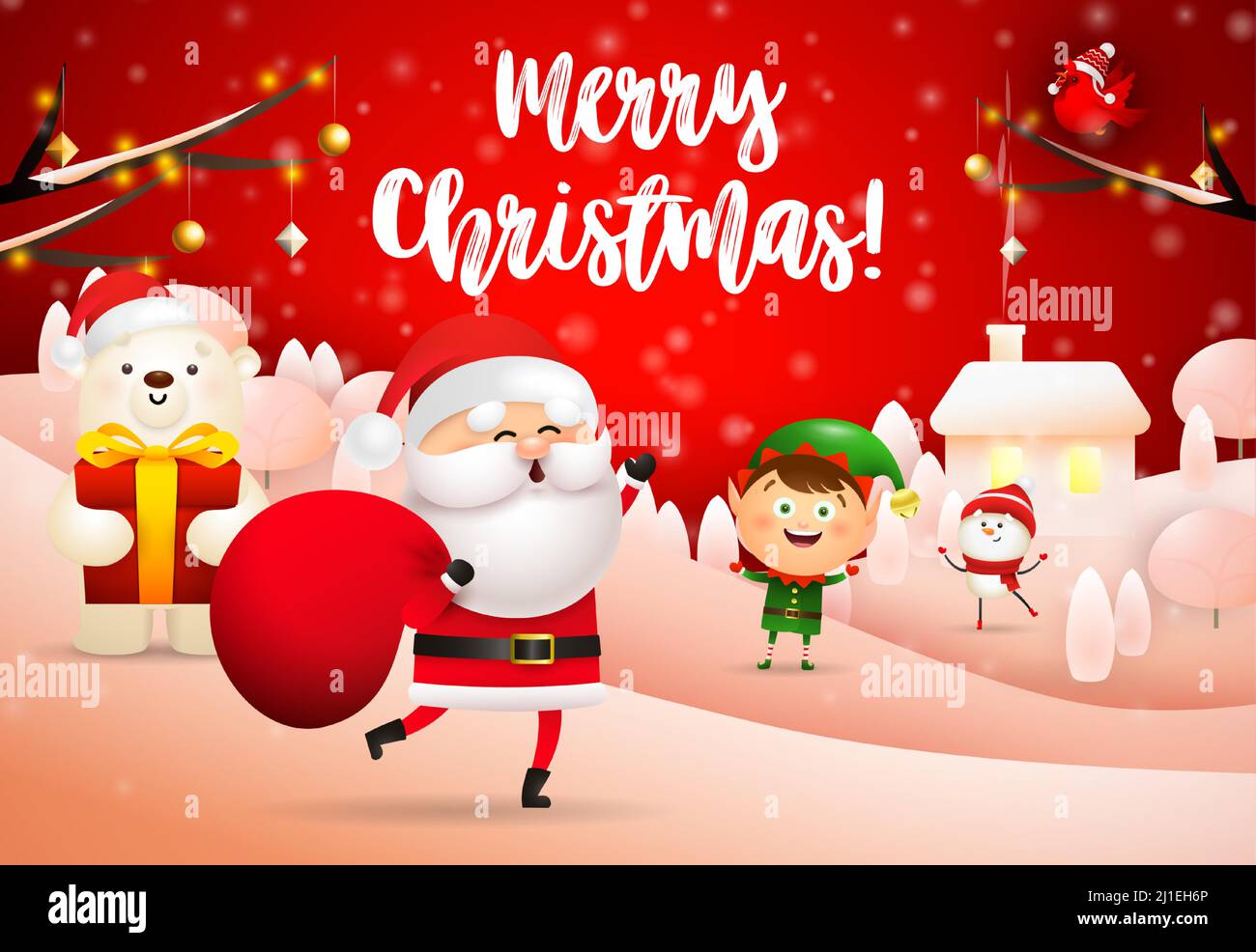 Merry Christmas lettering, Santa Claus with gift sack. Christmas ...