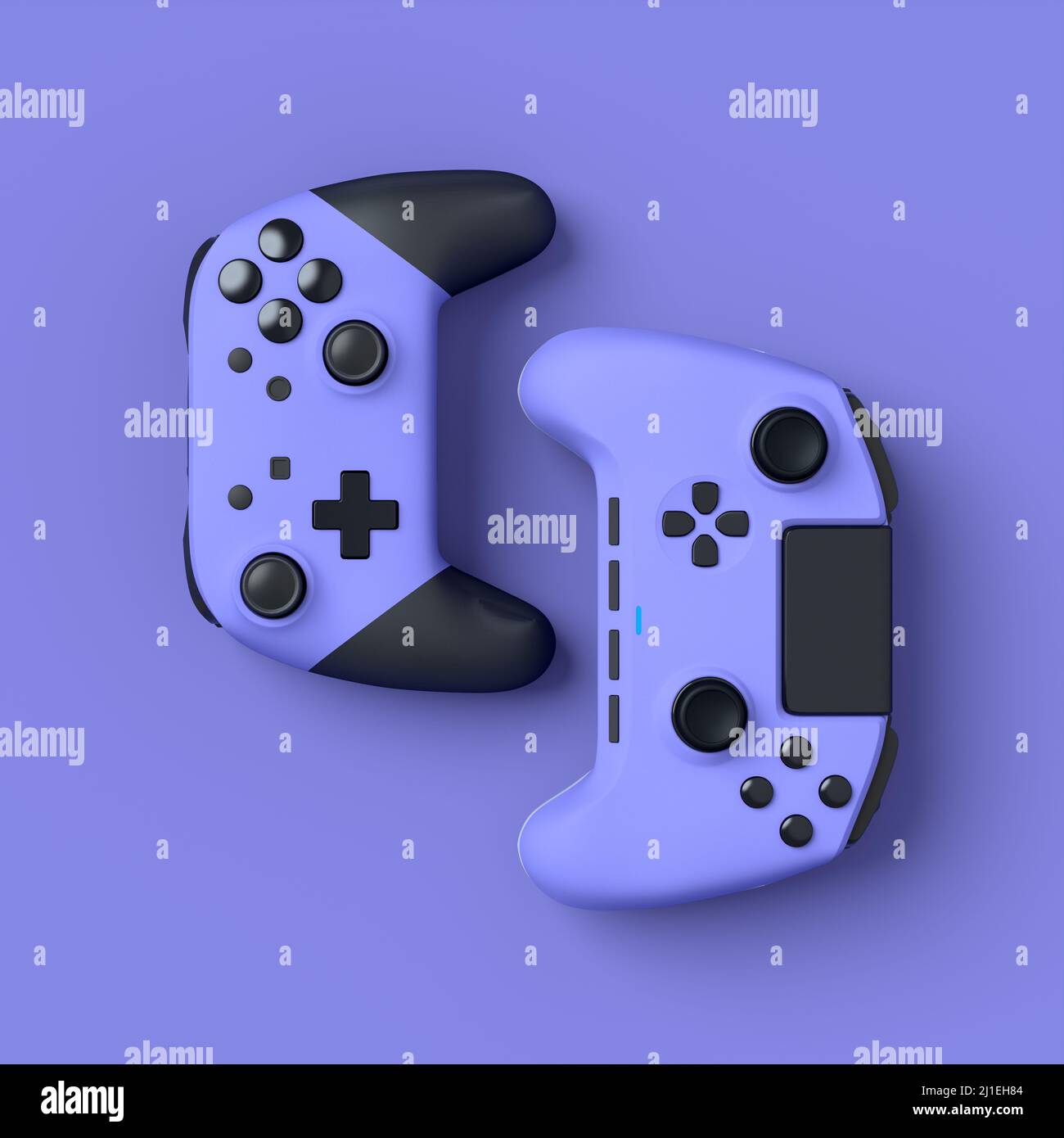 Set of lying gamer joysticks or gamepads on purple background with blur ...