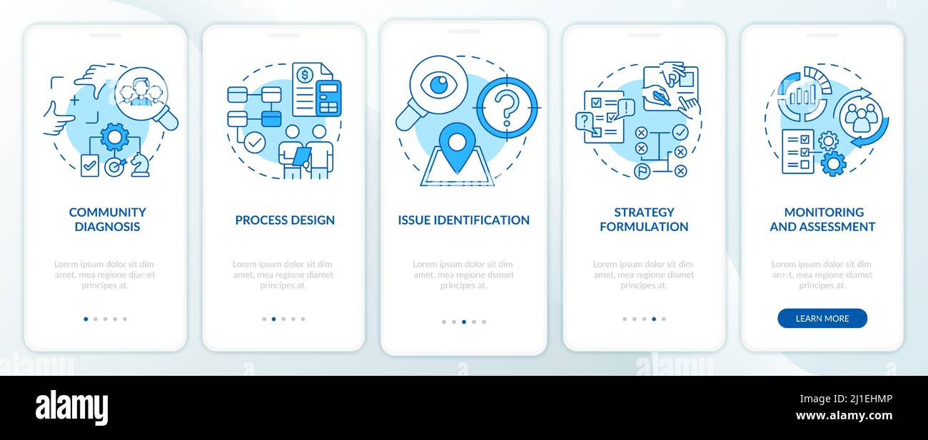 Social planning stages blue onboarding mobile app screen Stock Vector ...