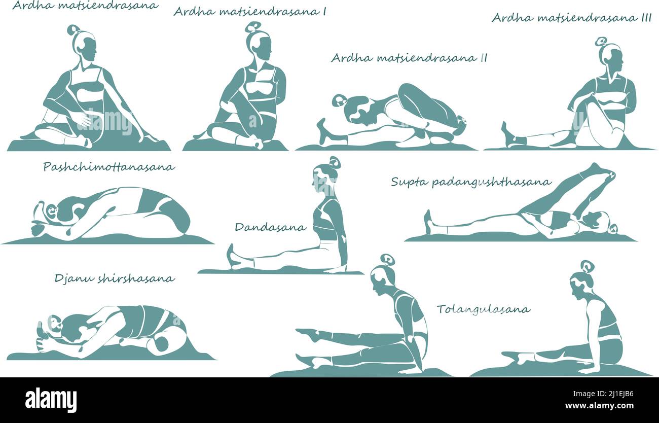 Set of slim athletic young woman doing yoga and fitness. Healthy ...