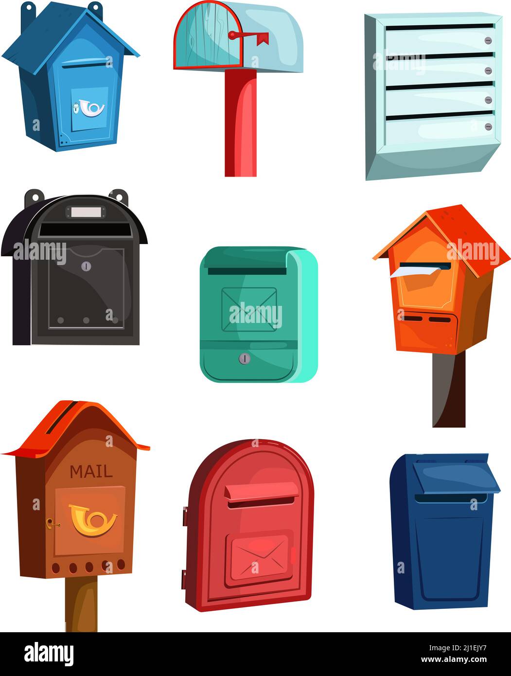 Mail boxes icons set. Flat icons on white background. Wood, red, blue ...