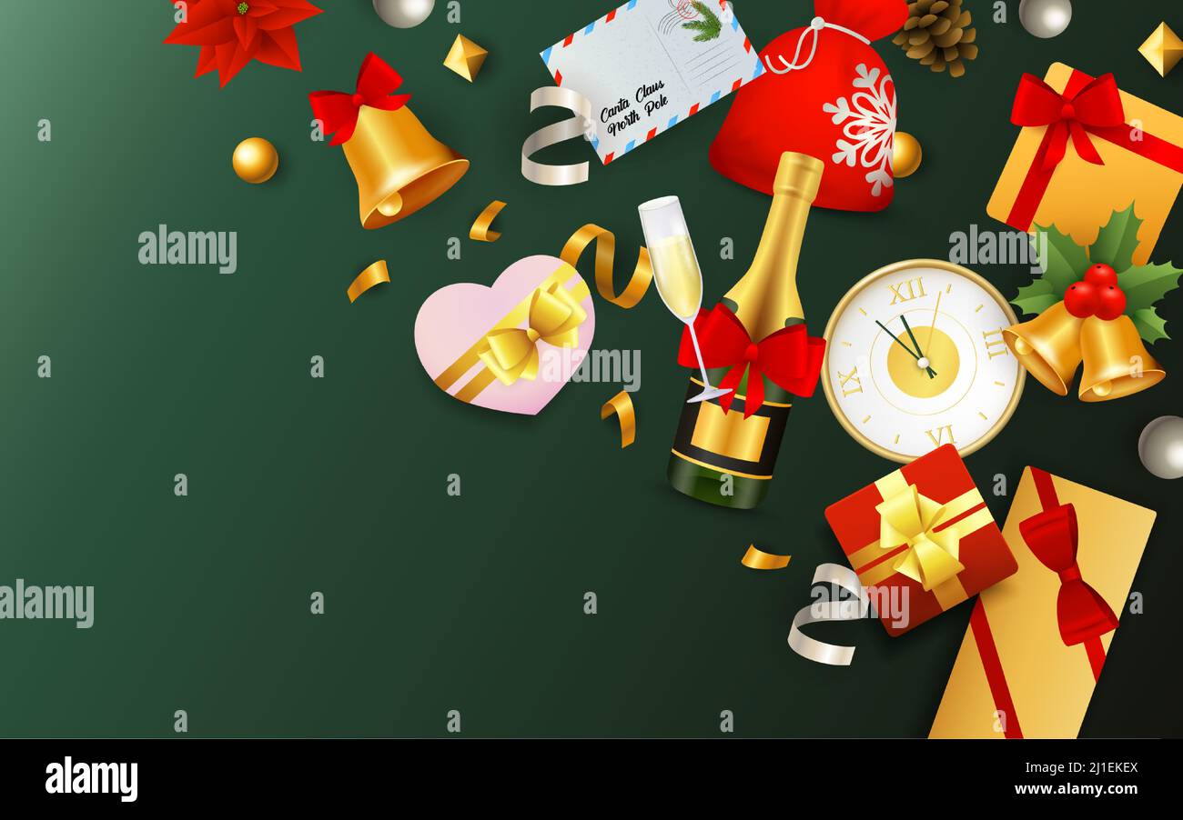 Christmas festive banner with fest symbols on green background ...