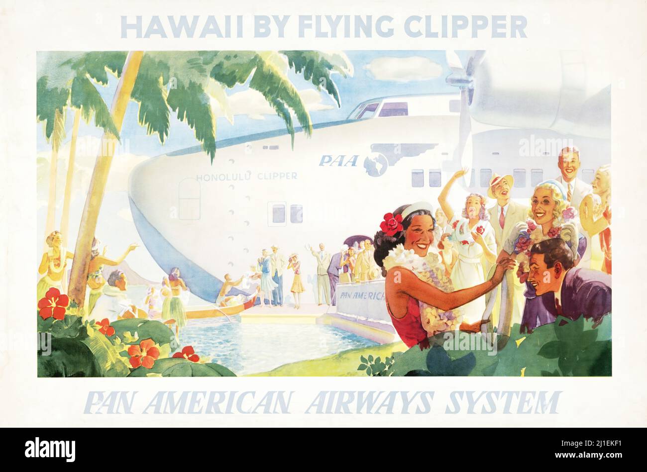 Vintage travel poster - Hawaii by flying Clipper--Pan American Airways System. 1938 Stock Photo ...