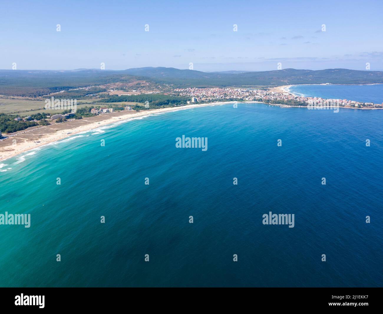 Aerial view of Black Sea coast near town of Primorsko, Burgas Region ...