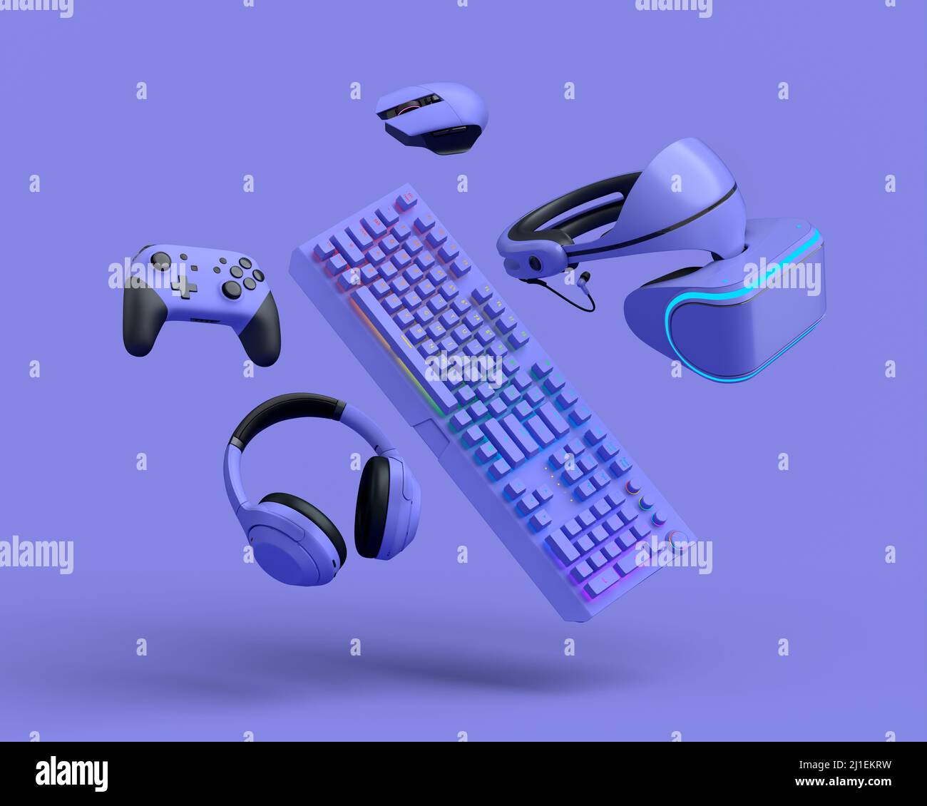 Flying gamer gears like mouse, keyboard, joystick, headset, VR Headset ...