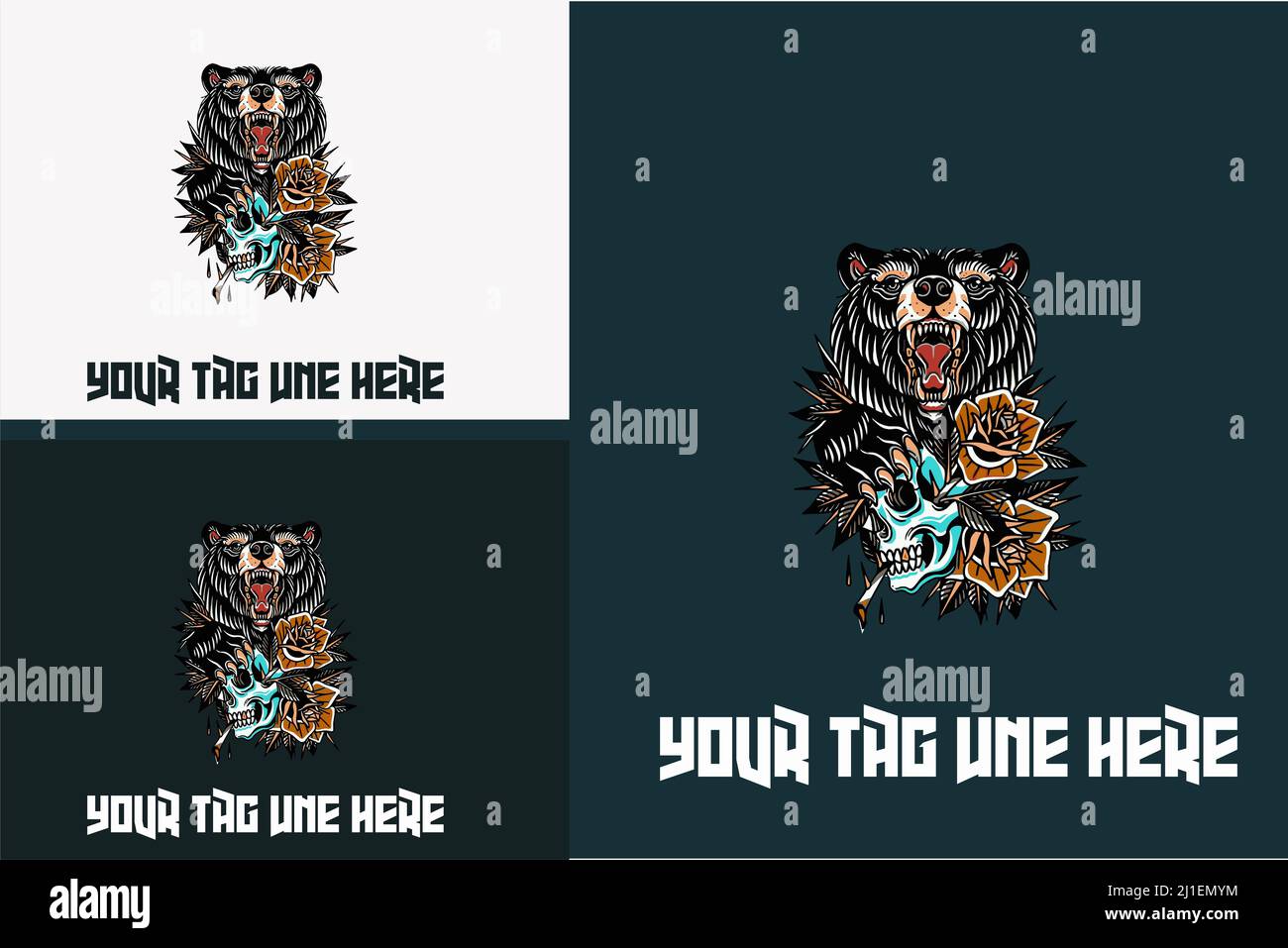 artwork design of head black bear and head skull vector illustration ...