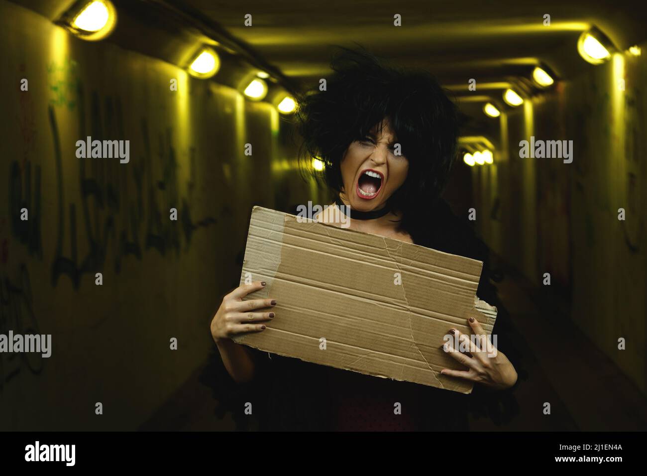 Strange and freaky woman with a piece of blank cardboard Stock Photo ...