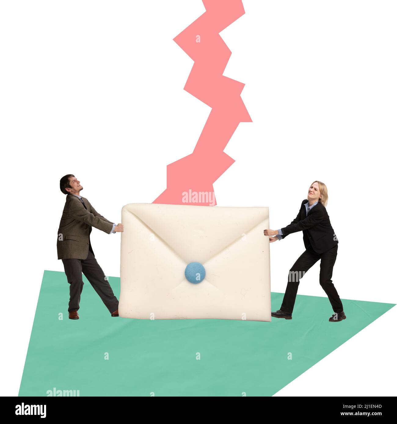 Creative design. Two employees, office workers pullig giant letter ...