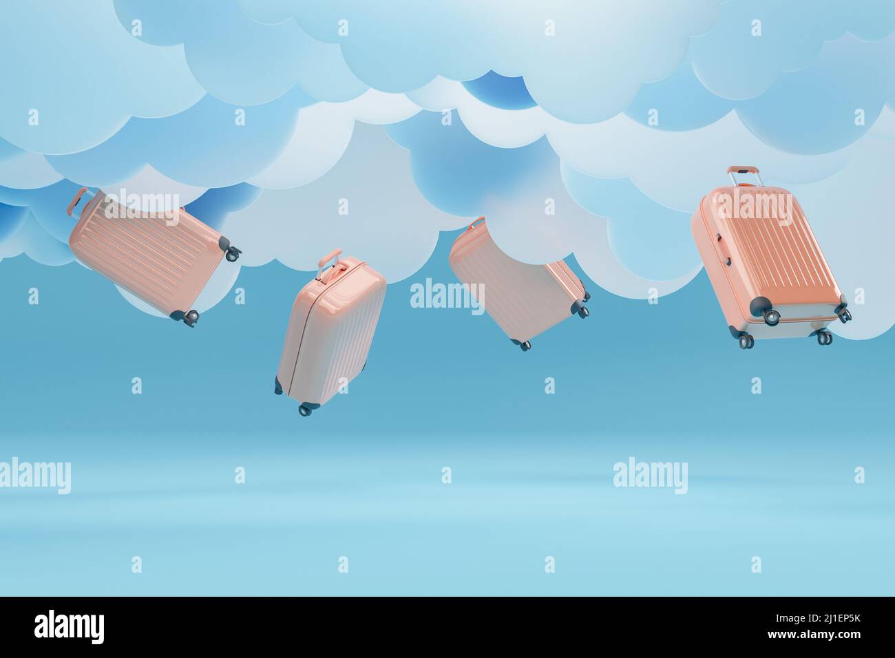 travel suitcases falling from artificial clouds on studio background ...