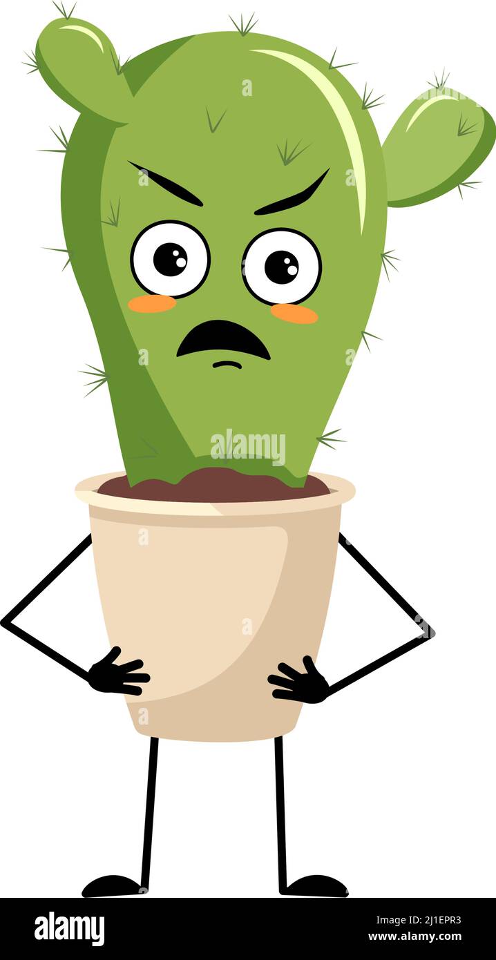 Cute cactus character in pot with angry emotions, grumpy face, furious ...