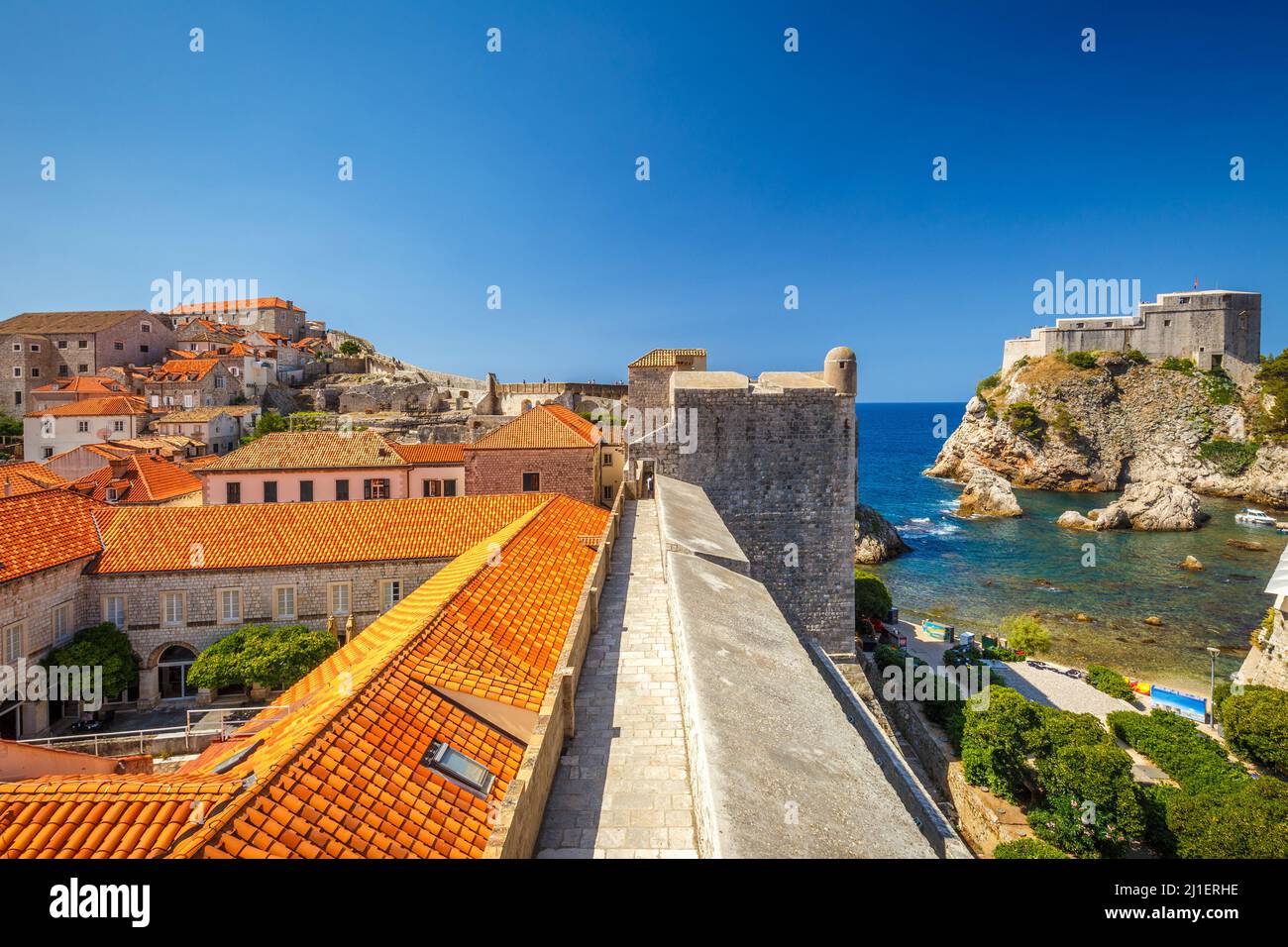 View of Fort Lovrijenac from the western wall of the city of Dubrovnik ...