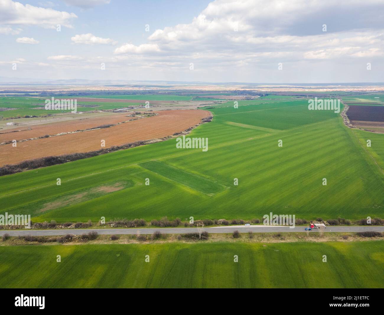 Aerial view of Upper Thracian Plain near town of Parvomay, Plovdiv ...