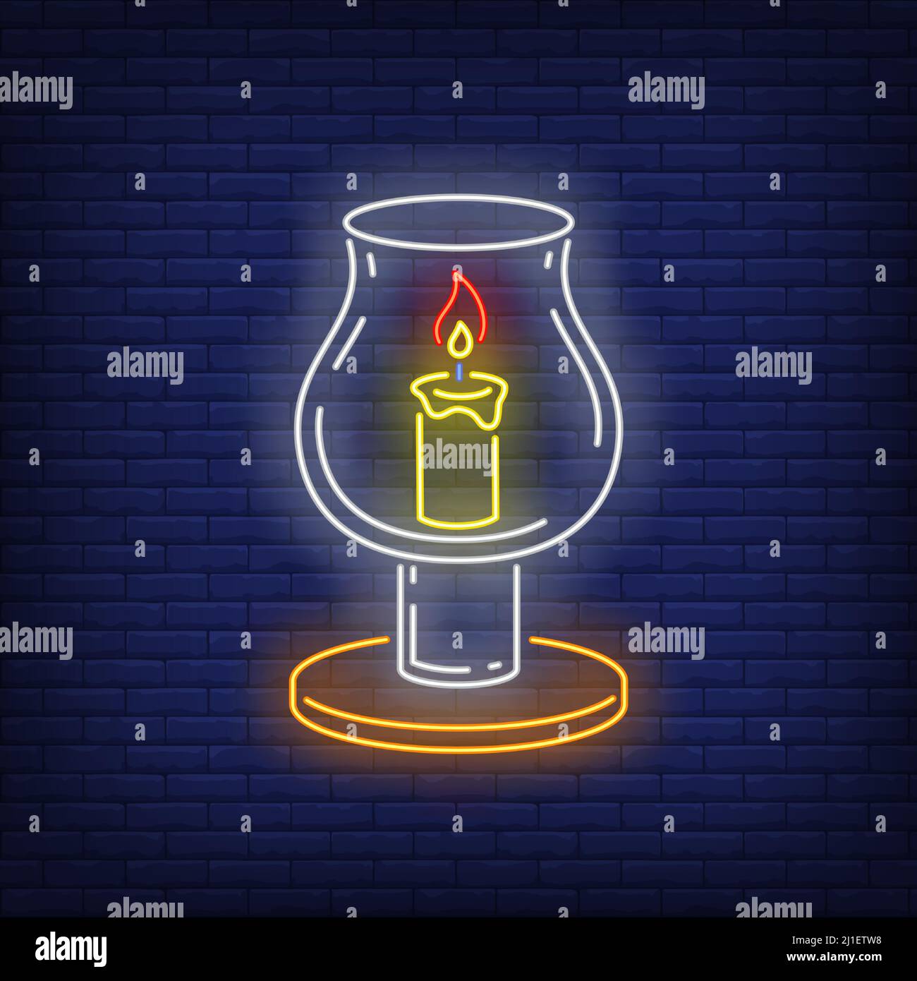 Candle in glass neon sign. Fire, comfort, Christmas. Night bright ...