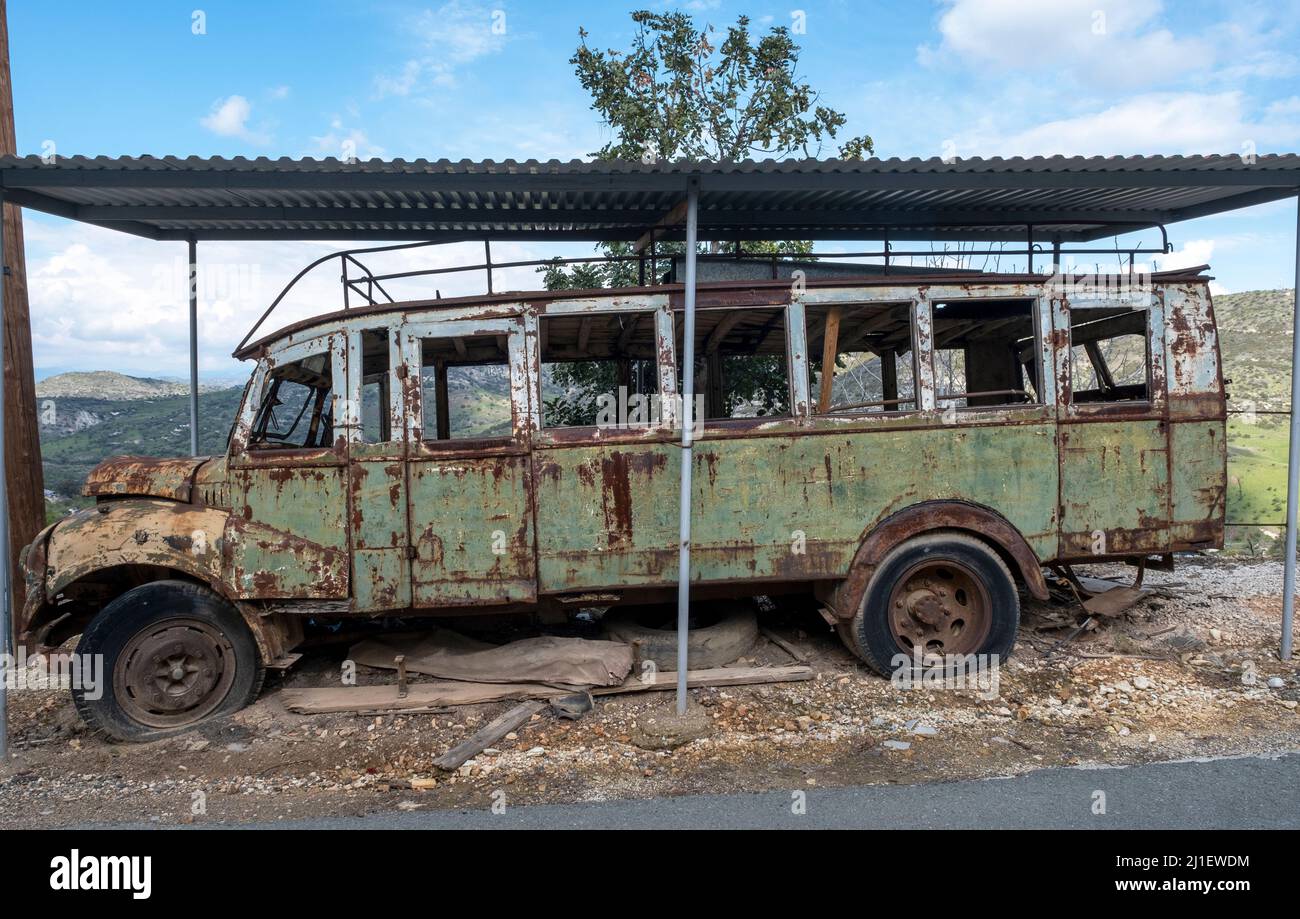 Abandoned bus on the roadside, Paphos region, Republic of Cyprus Stock ...