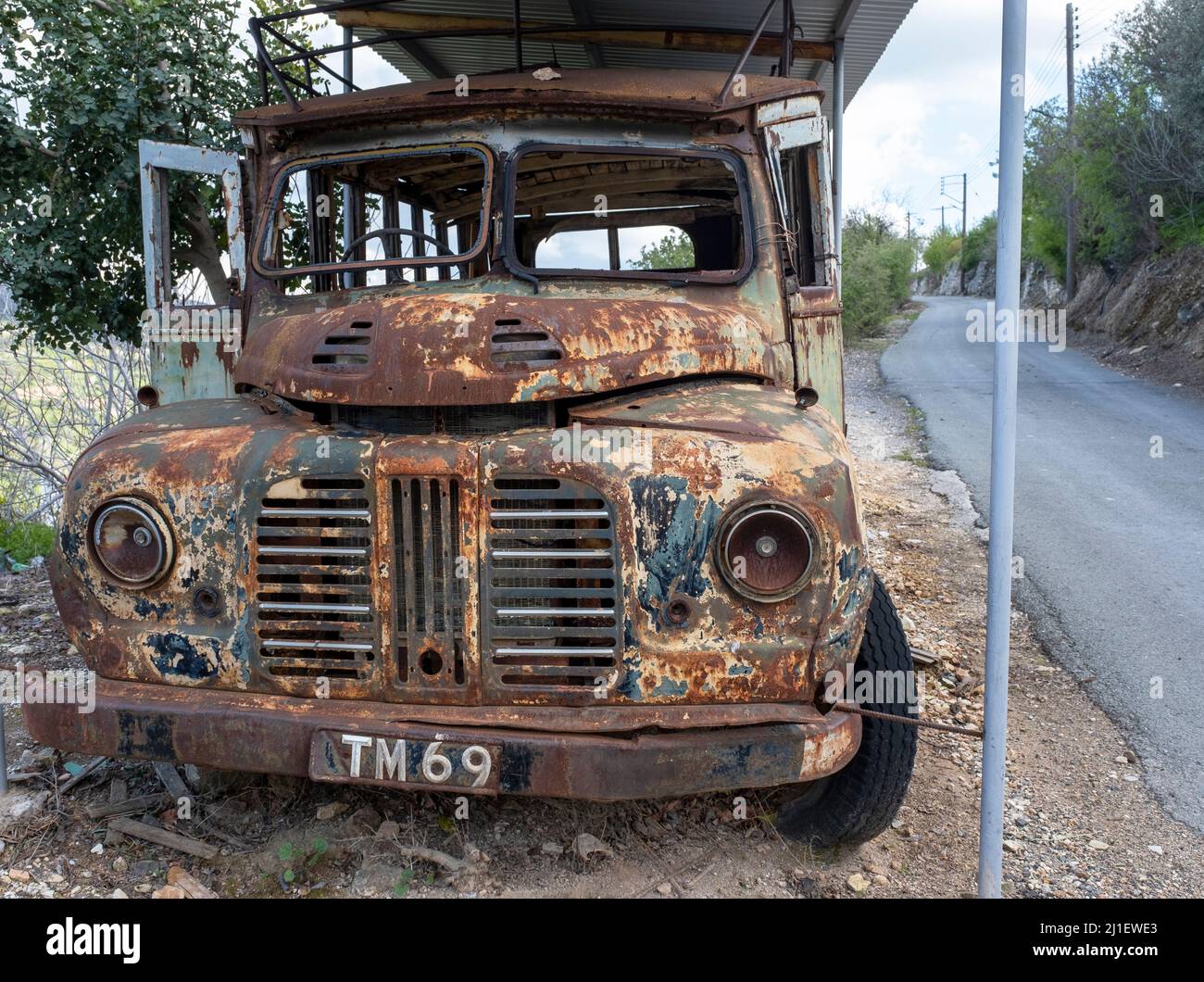 Abandoned bus on the roadside, Paphos region, Republic of Cyprus Stock ...