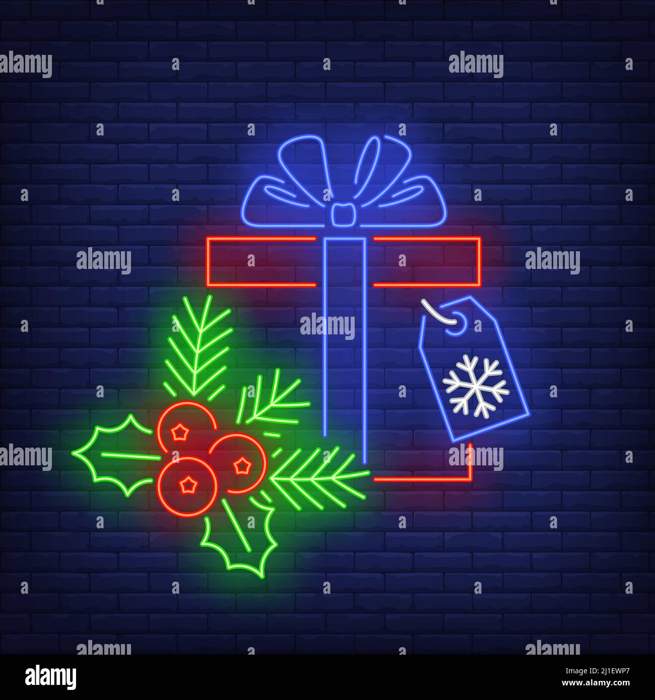 Christmas gift neon sign. Present box, carton wrap, tag, ribbon, bow ...