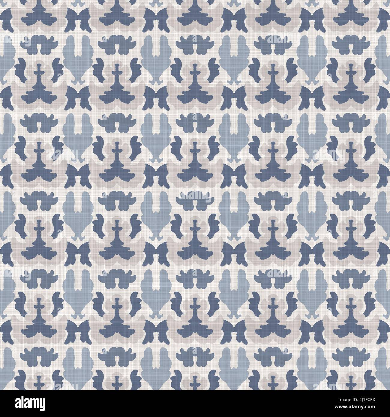 French blue doodle motif linen seamless pattern. Tonal country cottage ...