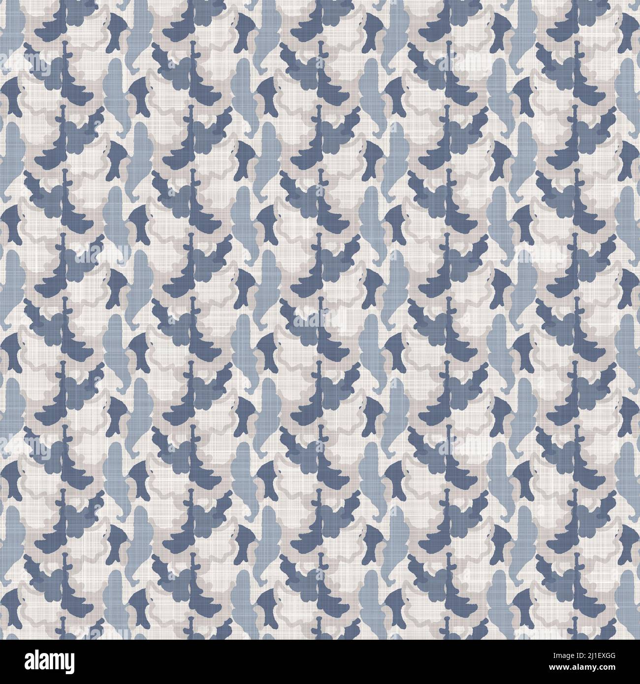 French blue doodle motif linen seamless pattern. Tonal country cottage ...