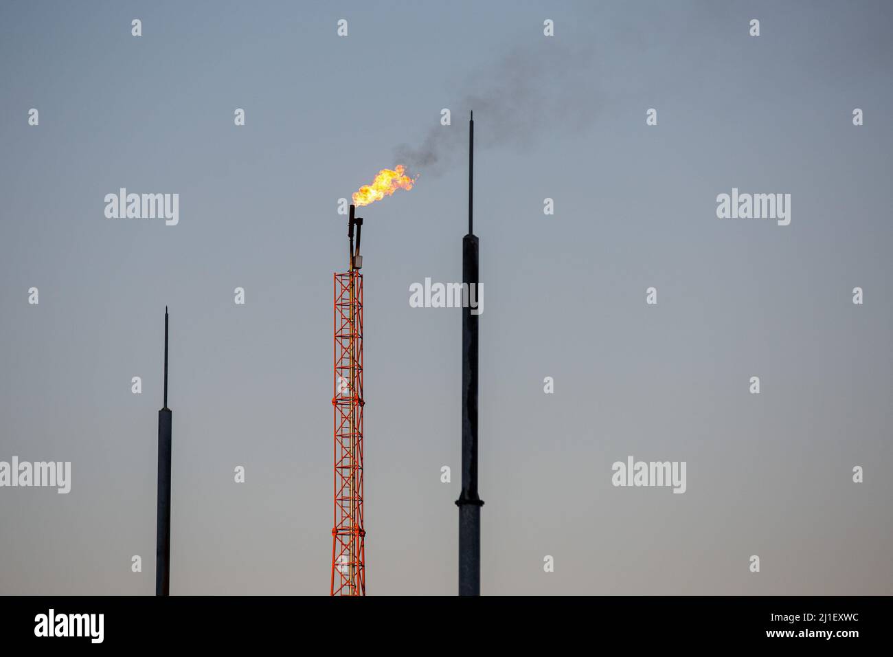 A burning flare seen at an oil extraction area located in Lakie, Lubusz ...