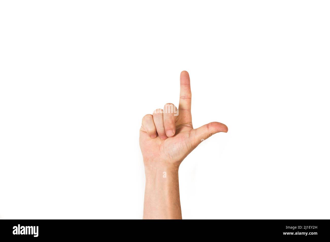 Man hand with L letter gesture on a white background with copy space ...