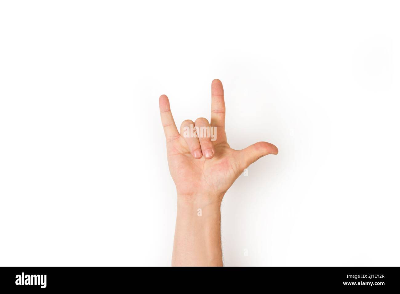 Man hand doing love gesture in sign language on a white background ...