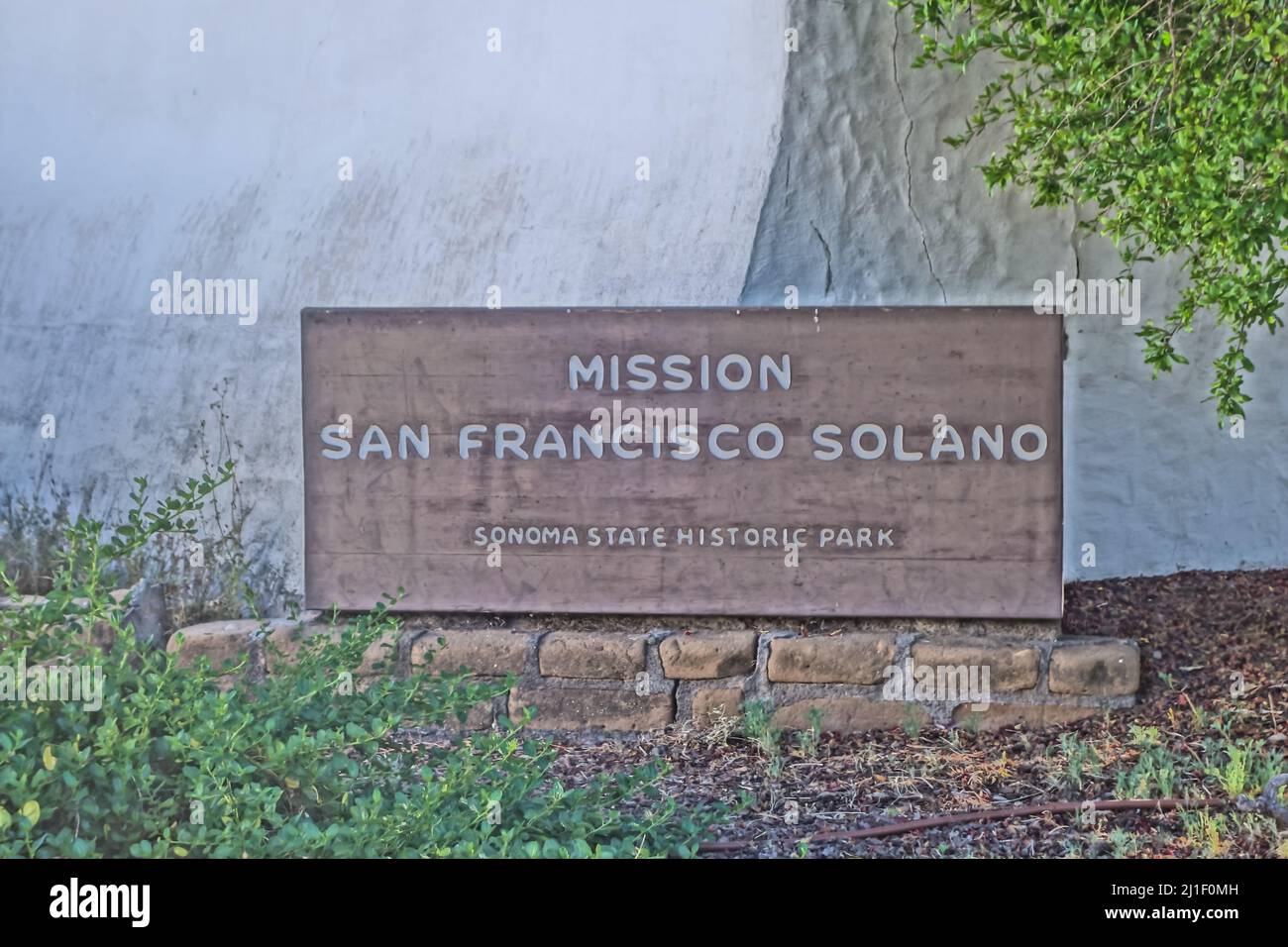 A closeup of The Mission San Francisco Solano wooden Sign in Sonoma ...