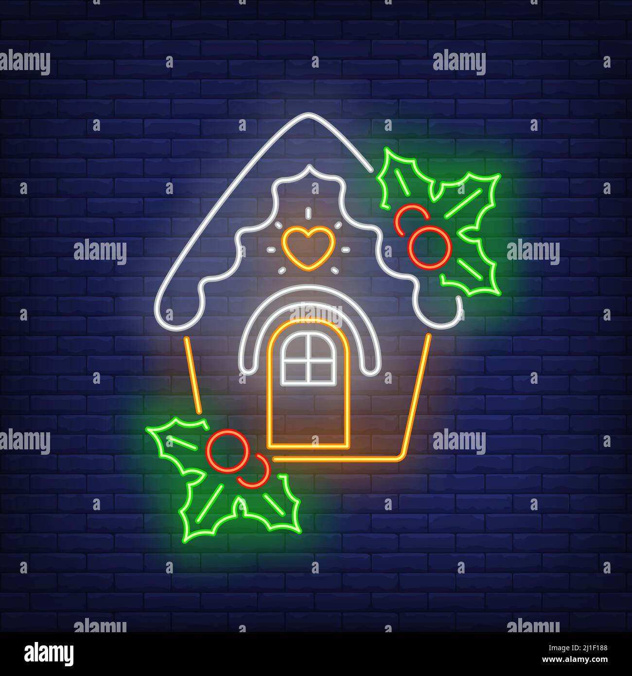 Gingerbread house with mistletoe neon sign. Sweet, bakery, dessert ...