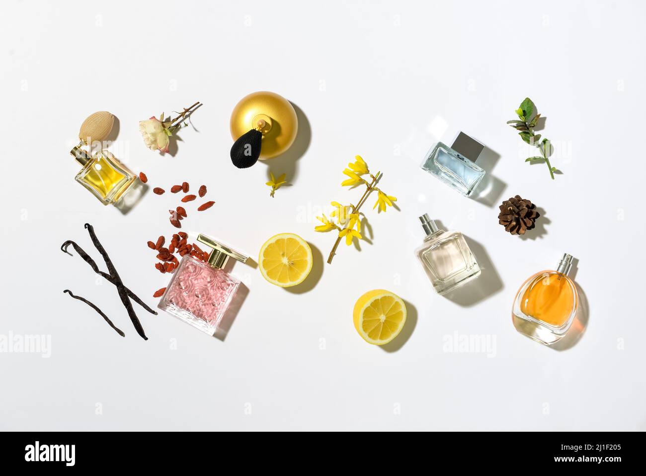 Bottles of different perfumes on light background, top view Stock Photo ...