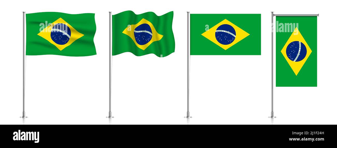 Vector set of Brazil flags on a metallic pole, isolated on a white ...