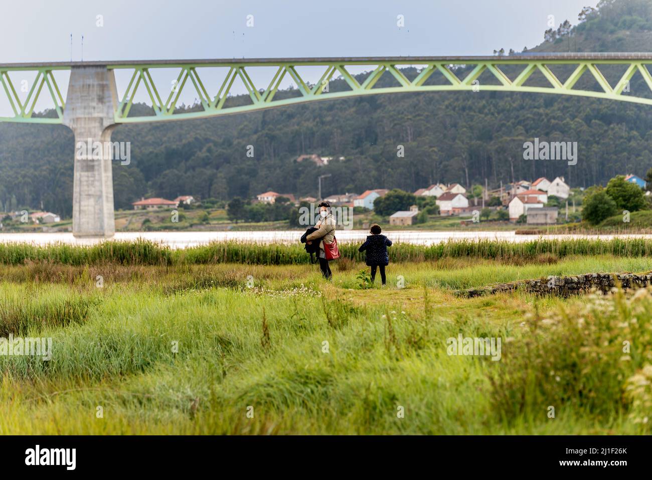 landscape of a bridge over a bay with two people looking Stock Photo ...