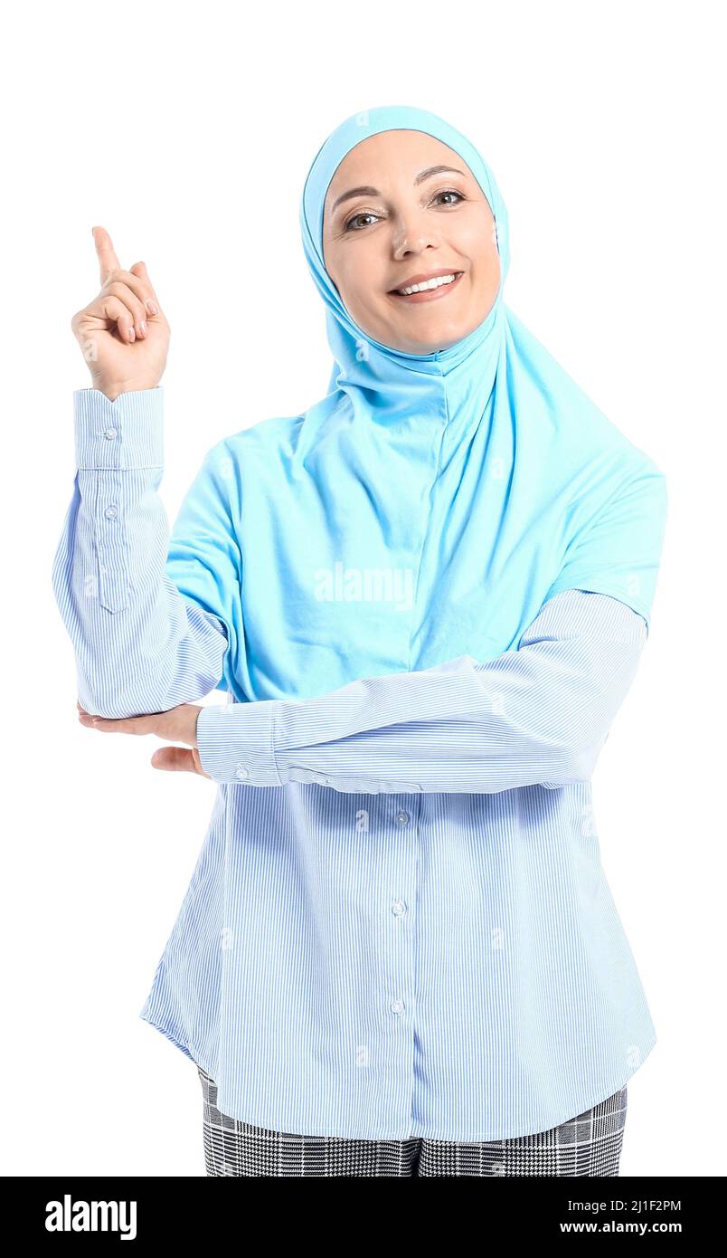 Portrait of Muslim secretary with raised index finger on white ...